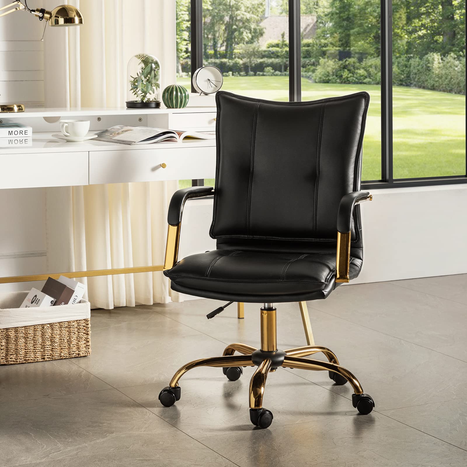 HULALA HOME Faux Leather Home Office Desk Chair, Adjustable Swivel Computer Chair with Golden Legs and Arms, Comfy Upholstered Task Chair, Black