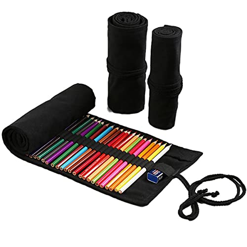 Misgirlot Pencil Roll Wrap,Pencil Wrap Canvas Colored Pencil Roll Wrap (No Pencils) Solid Color Pencils Wrap Case Pencil Organizer Paint Brush Storage Pouch for Artist Painter Student (Black,48 Slots)