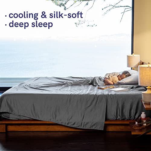 YnM Cooling Bed Sheet Set with 100 Percent Rayon Derived from Bamboo, 400TC Fabric with 2 Pillowcases and Flat Sheet, Deep Pocket Fit 19'', Silky-Soft & Sweat Wicking, 4 Piece (Queen, Dark Grey)
