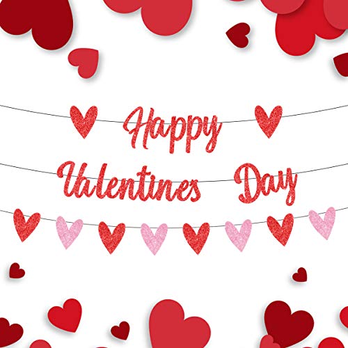 Happy Valentine’s Day Banner Valentines Day Decorations for Party Heart Banner for Wedding Engagement Anniversary Decorations Romantic for the Home Table Firplace Indoor Outdoor Pre-strung