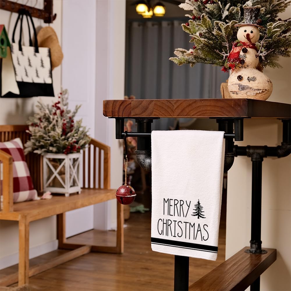 ARKENY Christmas Kitchen Towels Set of 2,Black Xmas Tree Dish Towels 18x26 Inch,Hoilday Farmhouse Home Decoration AD101