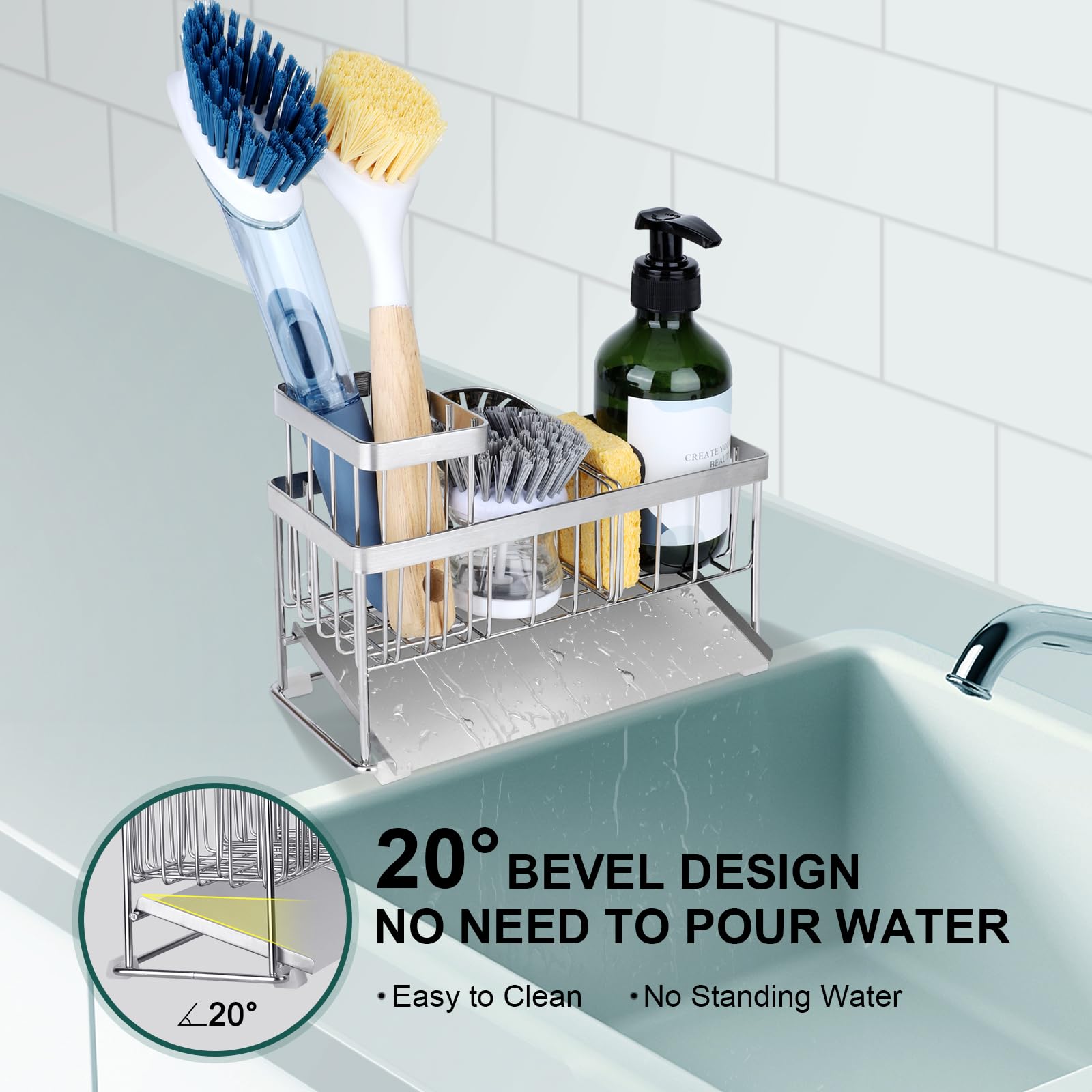 EEKEDO Kitchen Sink Caddy Organizer with Auto Drain Tray and Divider, Sponge Holder and Brush Storage for Kitchen, Rustproof Stainless Steel - Silver