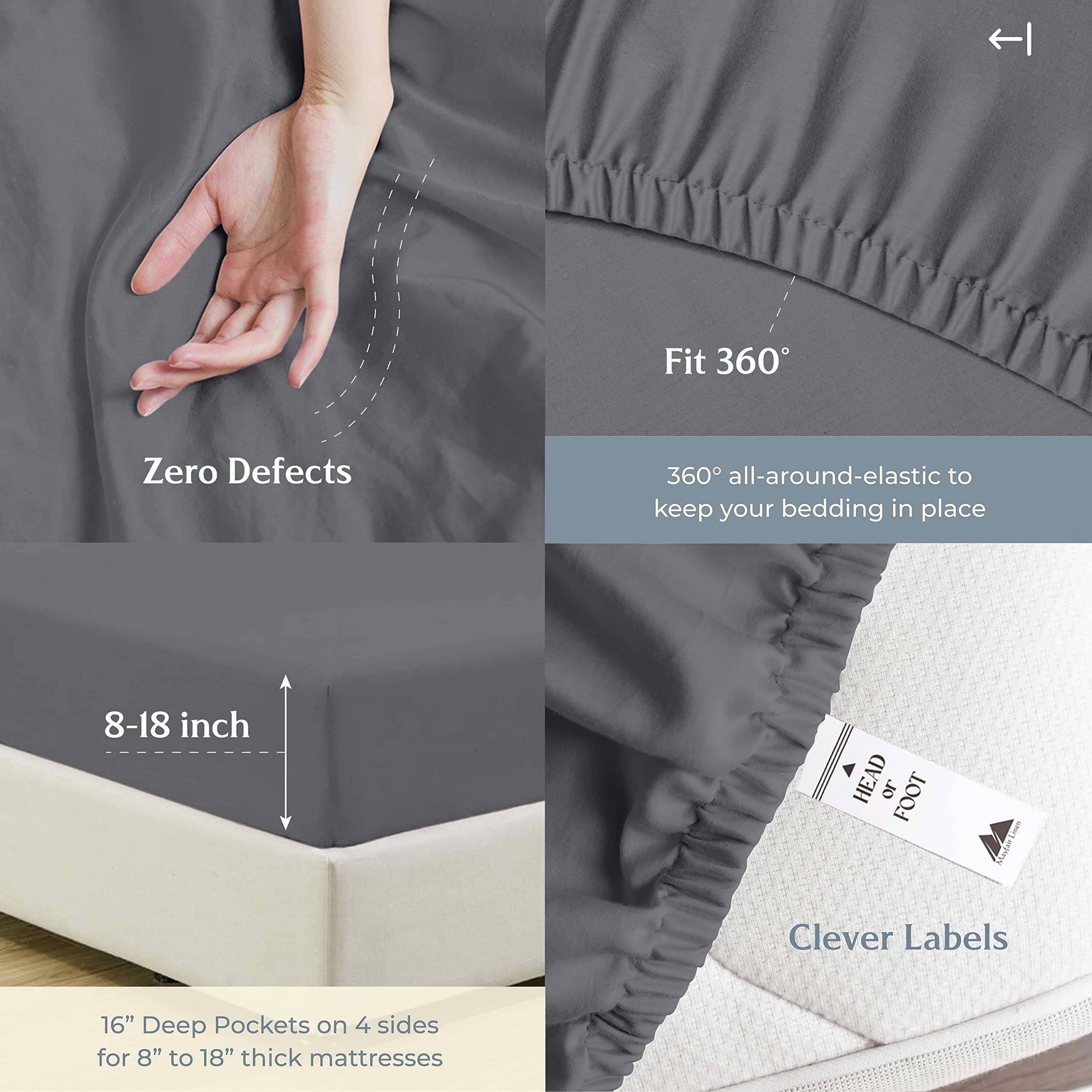 Mayfair Linen 100% Cotton Bed Sheets Queen Sheet Set - 500 Thread Count Sheets Queen Size 4 PC Set (Dark Grey), Soft, Cooling, Hotel-Quality 16" Deep Pocket Sateen Cotton Bedsheet for Hot Sleepers