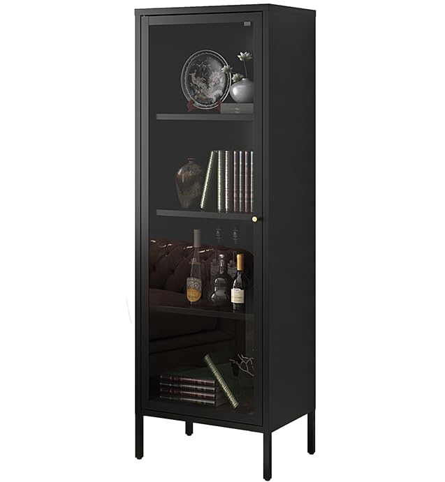 MIOCASA Display Cabinet Steel Storage Cabinet, Bookcase with Glass Door Accent Tall 4 Tier File Cabinet for Home, School, Gym, Bathroom and Office (H150-Glass 1D)