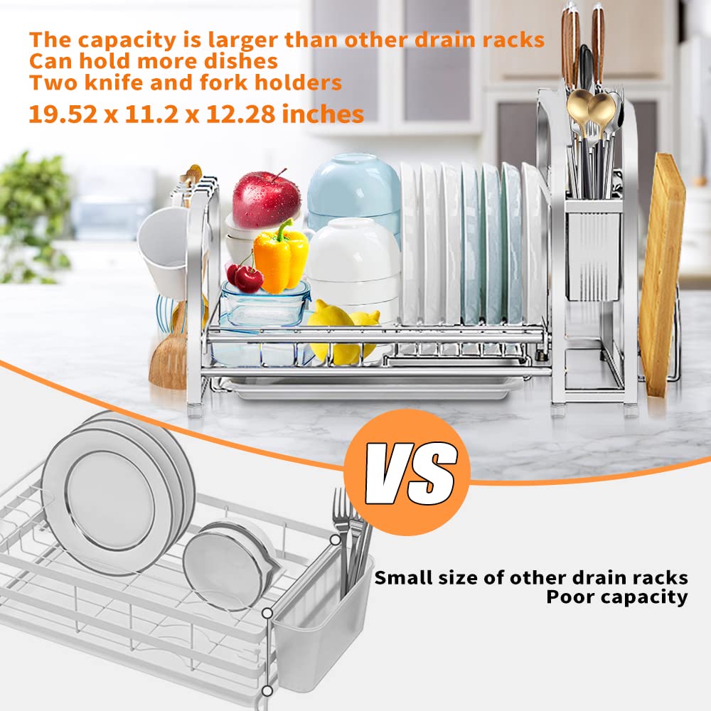 SPAKITCHCE Large Dish Rack Dry Drainer - Stainless Steel Dish Dryer Racks Metal Dish Drying Rack with Draining Drainboard Cutting Board for Kitchen Counter Saving Space