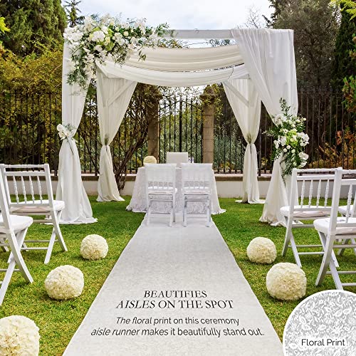 Supply Flora SLS Wedding Aisle Runner, White Floral Print Wedding Floor Must-Have with Pull String and Double-Sided Adhesive Strip, for Indoor and Outdoor Weddings, 50 x 3 Feet