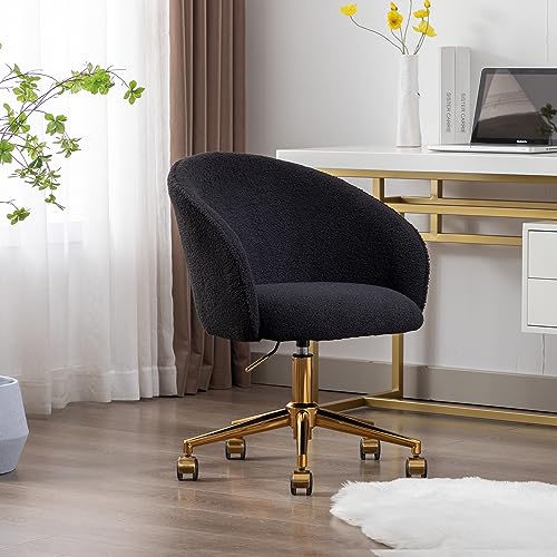 HomVent Modern Faux Fur Home Office Chair, Furry Cute Desk Chair with Gold Metal Leg, Ergonomic Adjustable Swivel Desk Chair with Wheels, Makeup Vanity Chair for Girls Women Study Makeup Bedroom Black