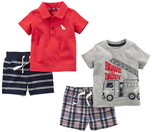 Simple Joys by Carter's Baby Boys' 4-Piece Playwear Set, Red/Blue, Plaid/Firetruck/Stripe, 24 Months