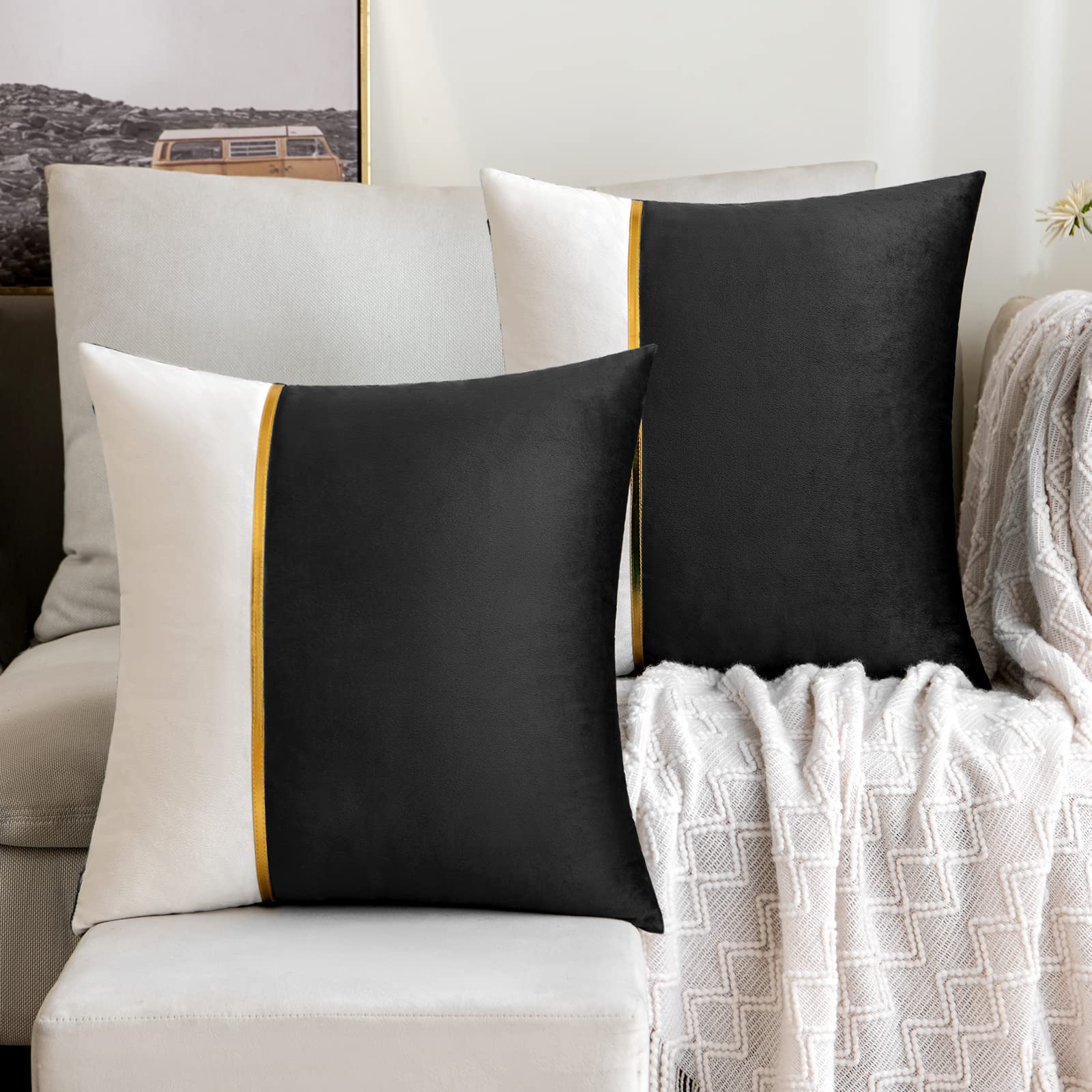 ANRODUO Pack of 2 Black Throw Pillow Covers Decorative Velvet Patchwork with Gold Leather Pillowcase Soft Solid Decoration Cushion Case Square for Couch Sofa Living Room Home Decor 16x16 Inch