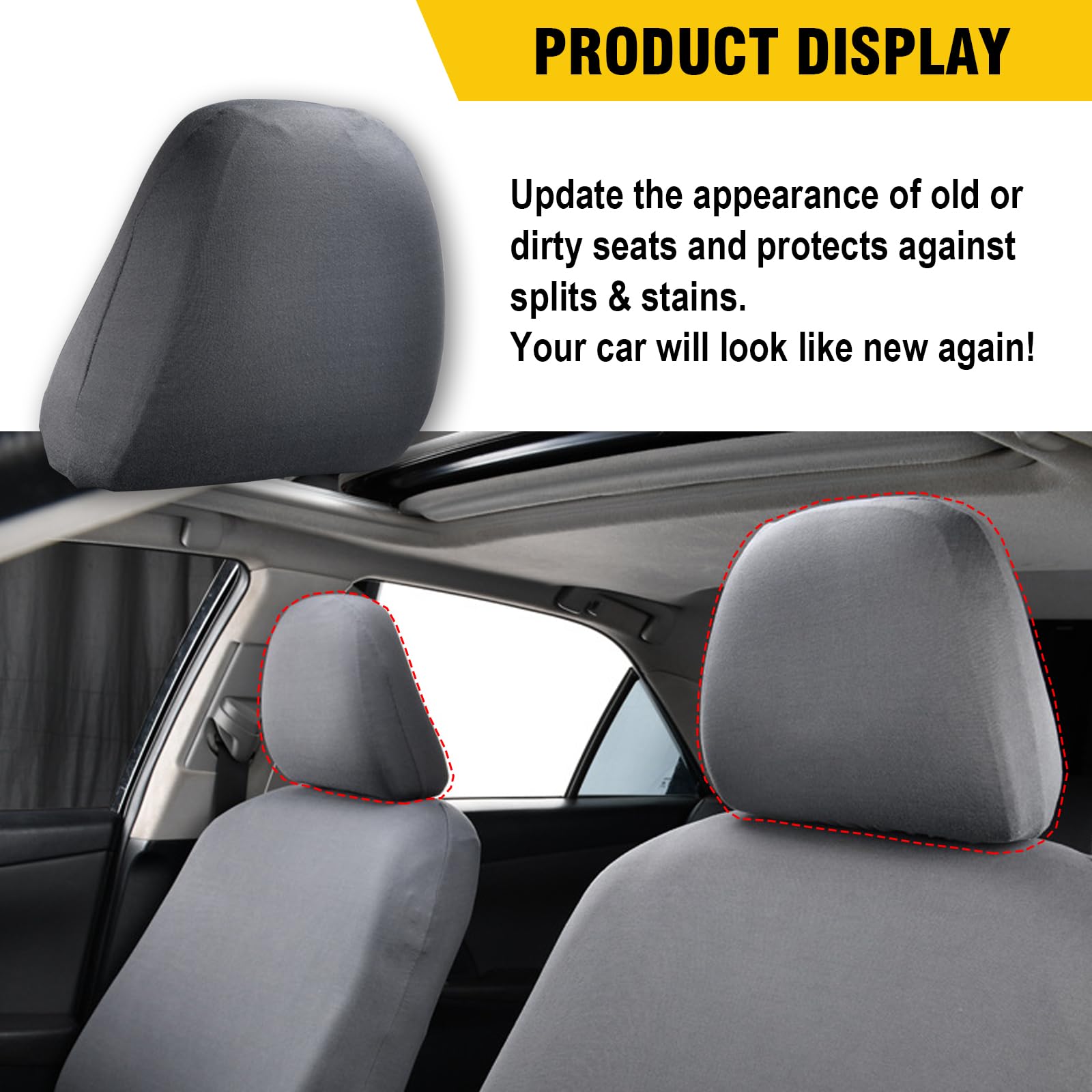Jawmoy 2 PCS Car Seat Cushion Headrest Cover, Stretch Fabric Soft Breathable Full-Surround Dust Cover, Telescopic Opening Seat Headrest Protector, Universal Accessories for Most Cars (Dark Gray)