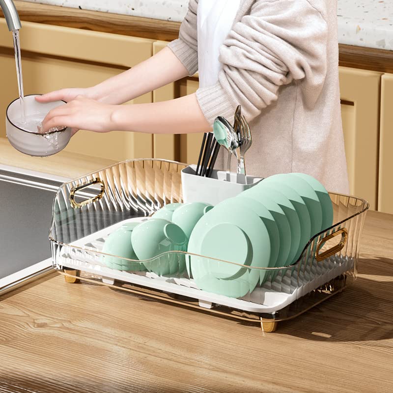 ZYFAB Dish Drying Rack, Kitchen Dish Drainer Rack, Plastic Transparent Sink Organizer Dish Rack Drainboard Set with Utensil Holder Cups Holder for Kitchen Counter,Clear