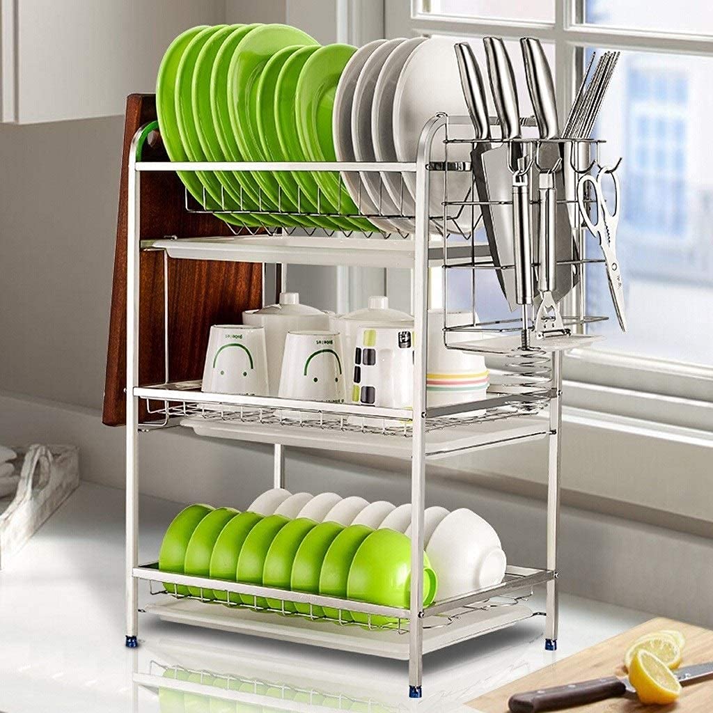 Plate Rack Draining Dish Rack Dish Drying Rack 304 Stainless Steel 3 Tier Dish Rack With Drain Board, Utensil Holder, Cutting Board Pan Plate Holder