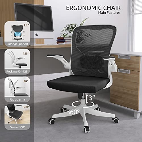 Monhey Office Chair - Ergonomic Office Chair with Lumbar Support & Flip Up Arms Home Office Desk Chairs Rockable High Back Swivel Computer Chair White Frame & Black Mesh Study Chair