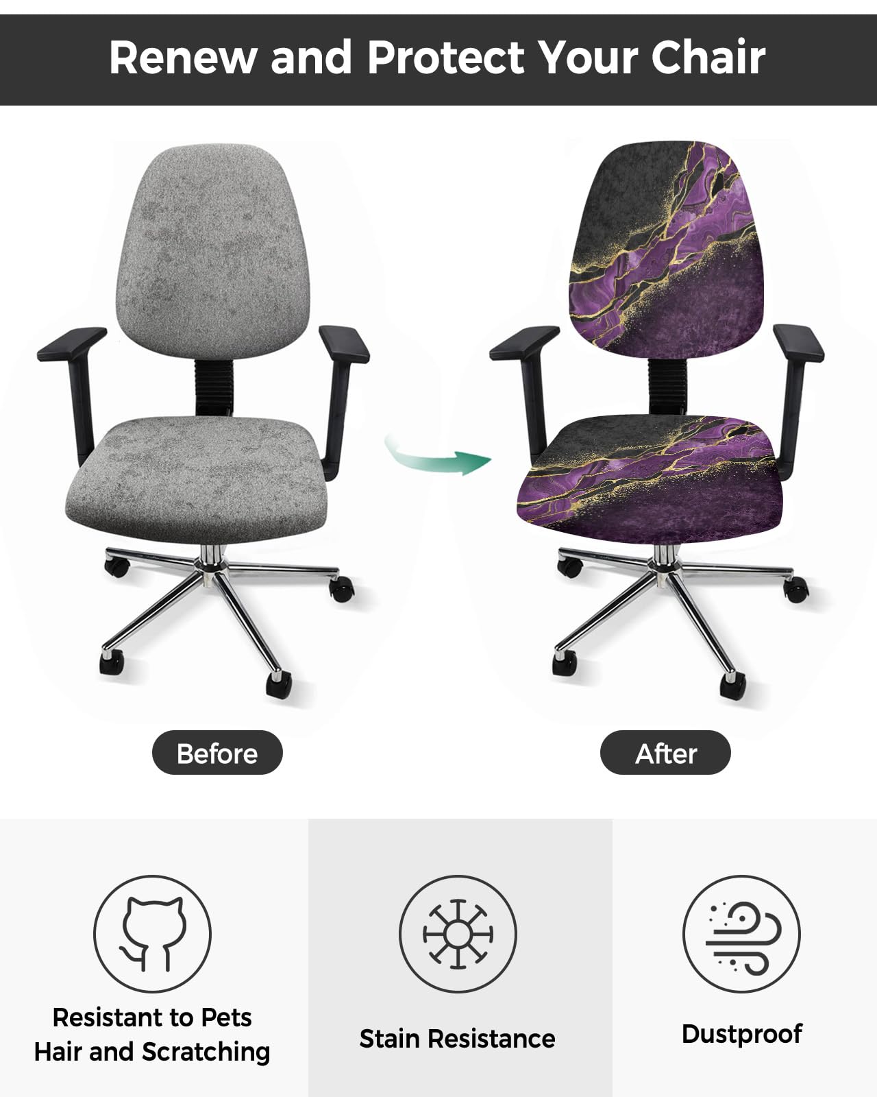 Marble Purple 2 Pieces Computer Office Chair Covers Set, Stretchable Desk Rotating Chair Seat Cushion Slipcover Back Covers, Decorative Protectors Cover Abstract Modern Minimalist Black Gold