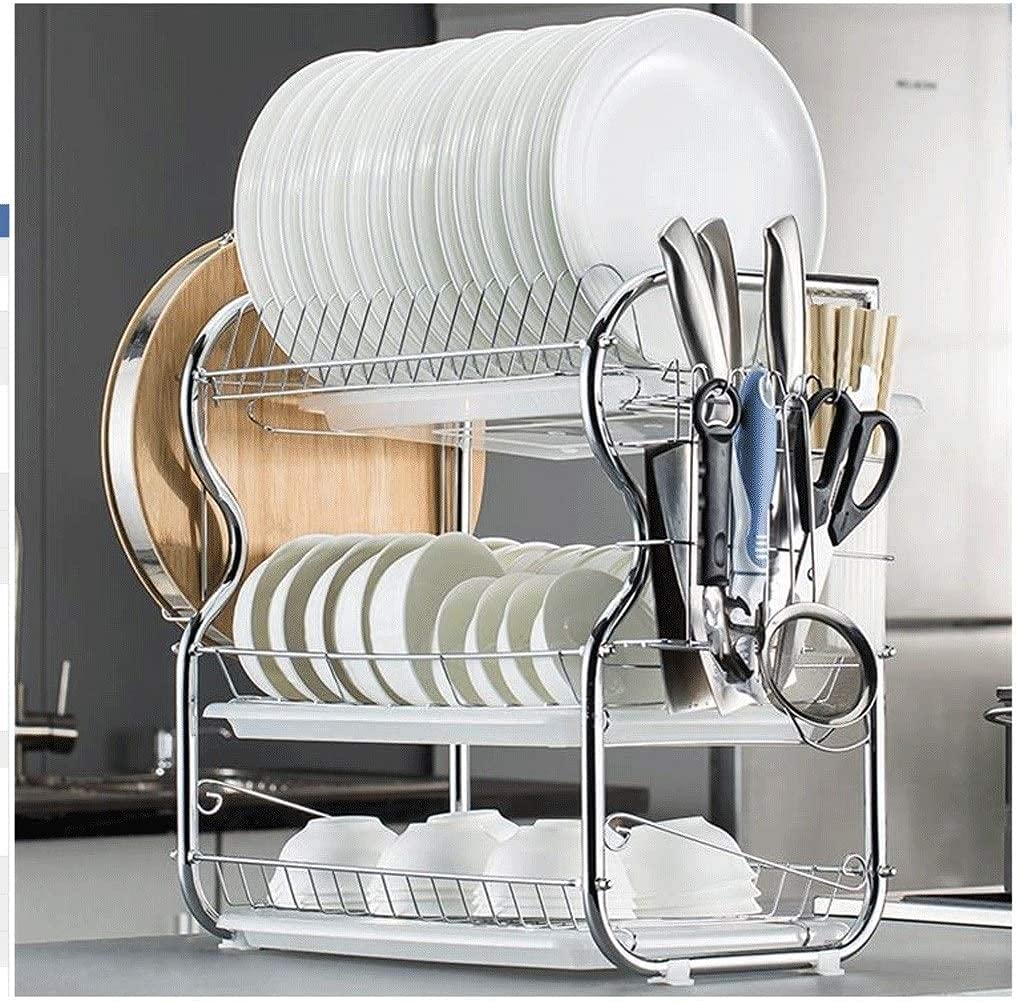 Plate Rack Draining Dish Rack 3-Tier Stainless With Drainboard and Cutlery Cup, Kitchen Supplies Drying Frame Dish Pan Plate Holder