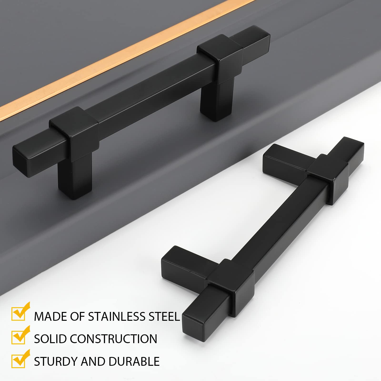 goldenwarm 10 Pack Cabinet Handles Matte Black Cabinet Pulls 3 Inch Hole Center Drawer Pulls Modern Bar Dresser Handles for Bathroom Kitchen Bedroom, Zinc Alloy