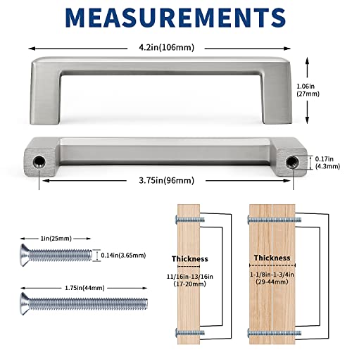 KLOOSE Brushed Nickel Cabinet Pulls 3.75 Inch Hole Centers 10 Pack Kitchen Cabinet Handles Solid Square Bar Drawer Pulls Cabinet Hardware Dresser Handles