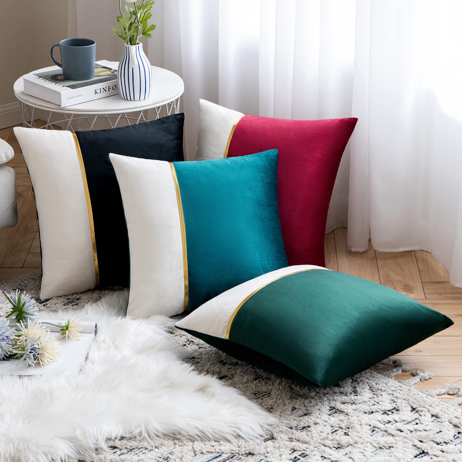 ANRODUO Pack of 2 Black Throw Pillow Covers Decorative Velvet Patchwork with Gold Leather Pillowcase Soft Solid Decoration Cushion Case Square for Couch Sofa Living Room Home Decor 16x16 Inch