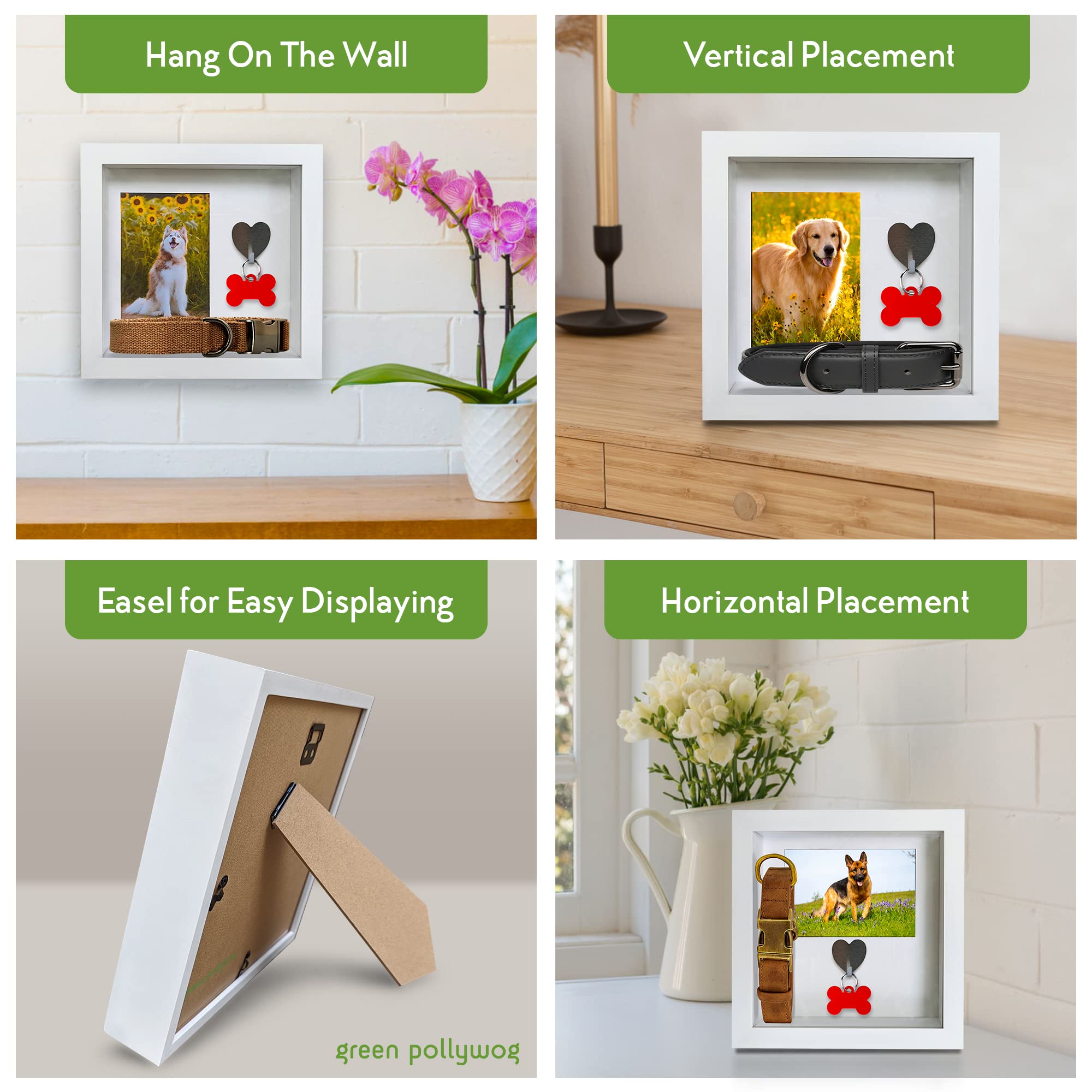 Green Pollywog Pet Memorial Shadowbox with Photo, Tag & Collar Display | White Frame with 4” x 6” Picture Opening | 10” x 10” x 2.5” Keepsake Box