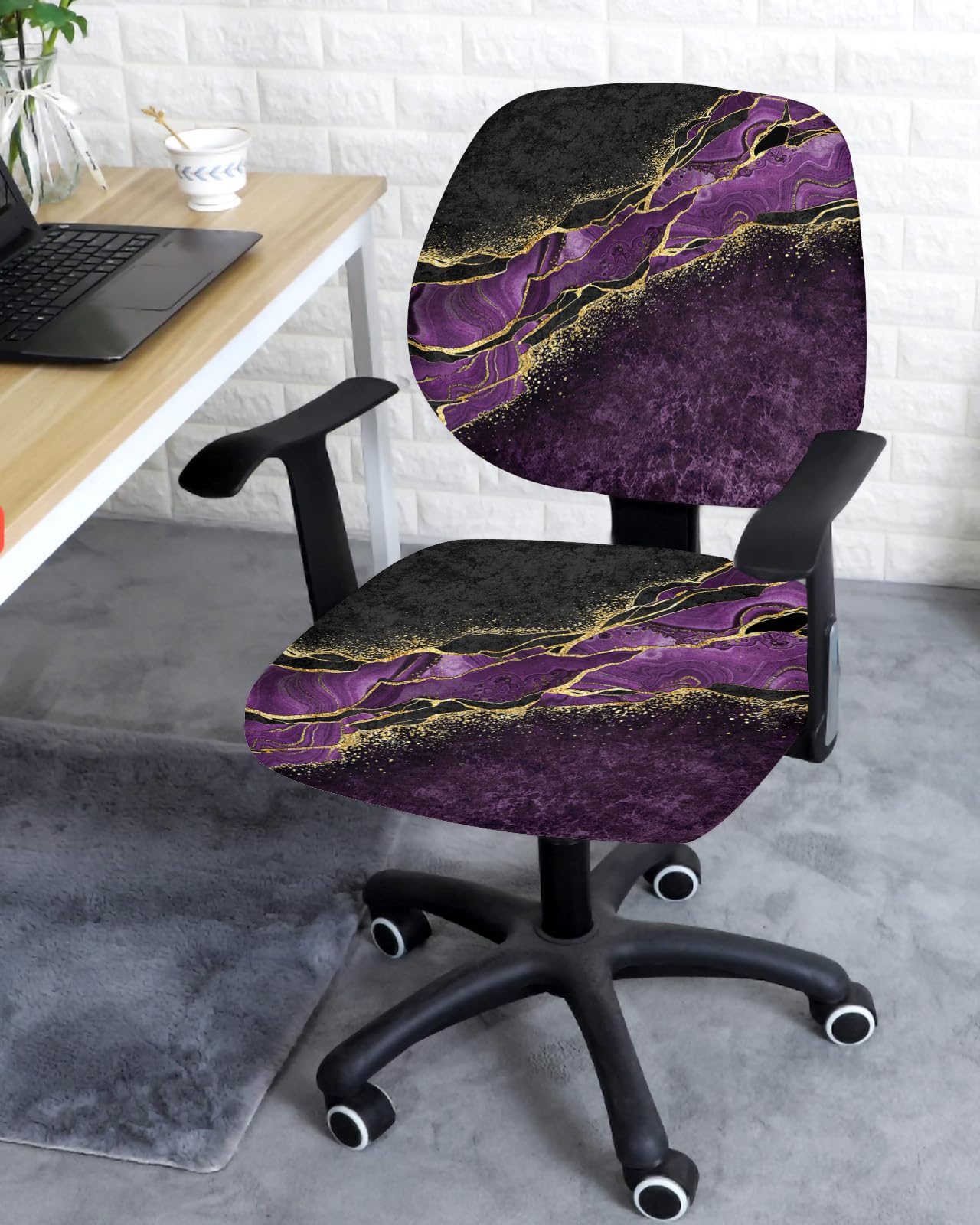 Marble Purple 2 Pieces Computer Office Chair Covers Set, Stretchable Desk Rotating Chair Seat Cushion Slipcover Back Covers, Decorative Protectors Cover Abstract Modern Minimalist Black Gold