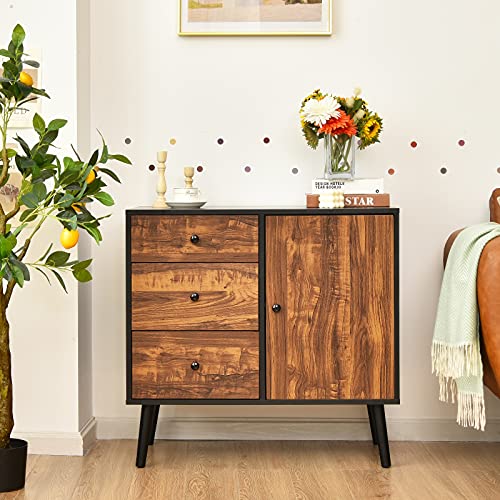 Tangkula Retro Storage Cabinet, Wood Floor Cabinet with 3 Drawers and 1 Cabinet w/Adjustable Shelf, Accent Cabinet for Living Room Entryway Home Office, Rustic Brown (Retro)