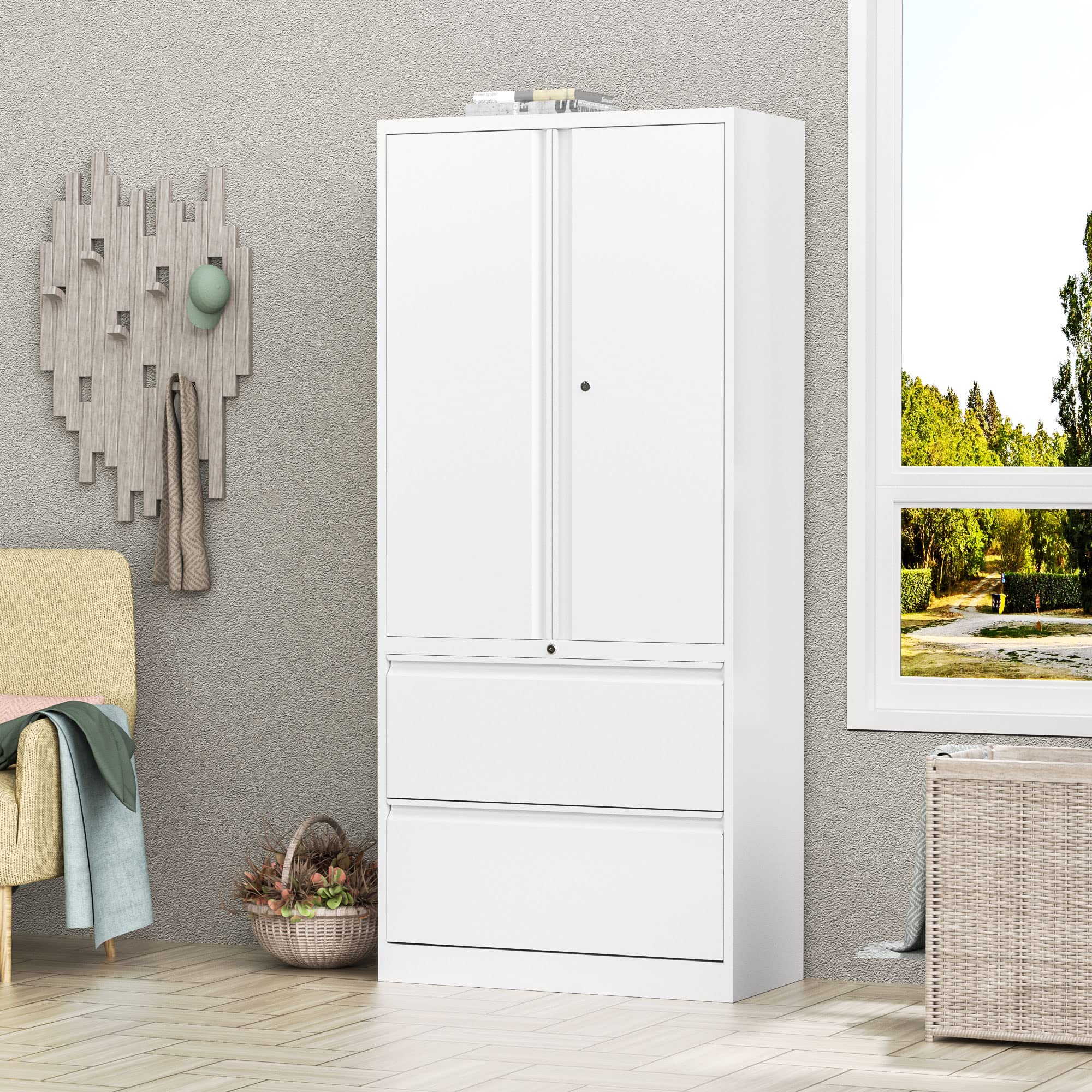 LISSIMO File Cabinet with Lock,Metal Filing Cabinets with Adjustable Shelves and 2 Drawers for Home Office,School Locker Office Storage Cabinet for Letter/Legal/A4 Size Files(White)