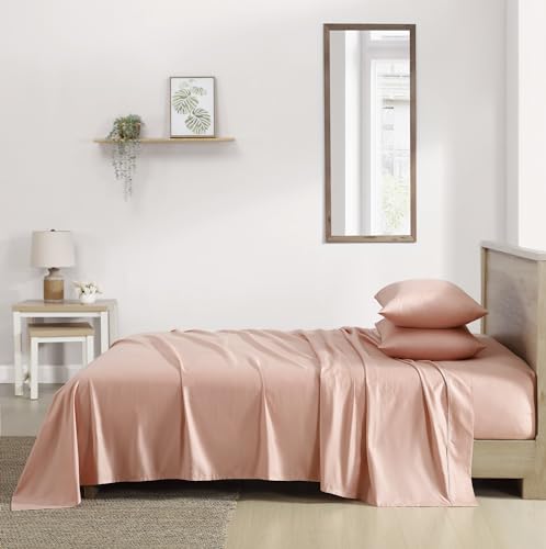 Brielle Home 400 Thread Count Sheets Solid 100% Cotton Cooling Hotel Quality with Deep Pockets Sateen Sheet Set 4 Pieces, King, Rose