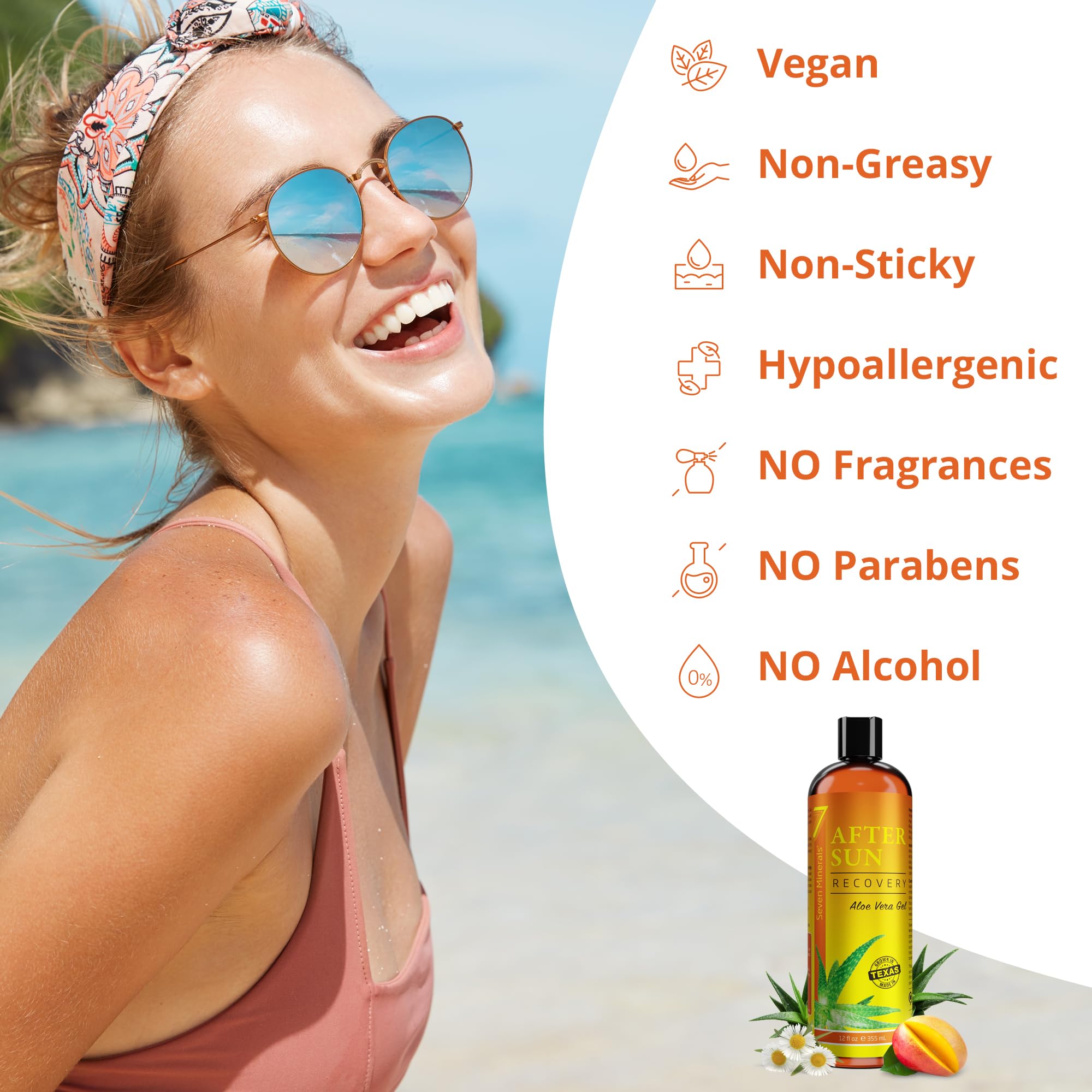 Seven Minerals NEW Recovery After Sun Gel with Aloe Vera - For Skin with Instant Sunburn Relief. Unlike Regular Aftersun Lotion, Ours Is Made From Texas Aloe. With Mango & Chamomile (12 Fl Oz)