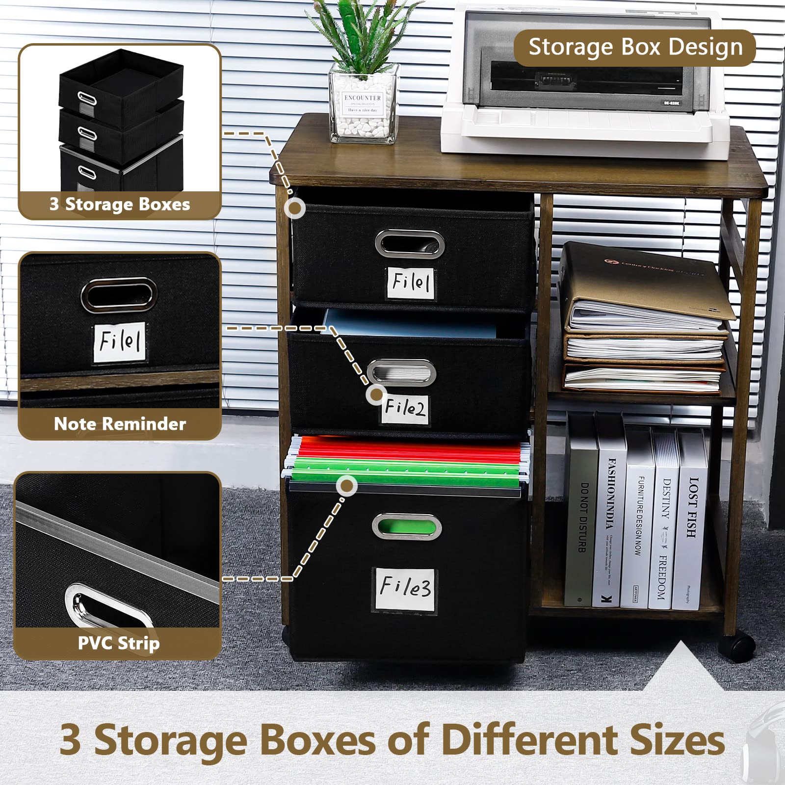 Homde 3 Drawer Bamboo File Cabinet Whit Wheel,Mobile Office Lateral File Cabinets,File Folders for Filing Cabinet,Printer Stand with Open Storage Shelf fits A4 Letter Size for Home Office,Brown