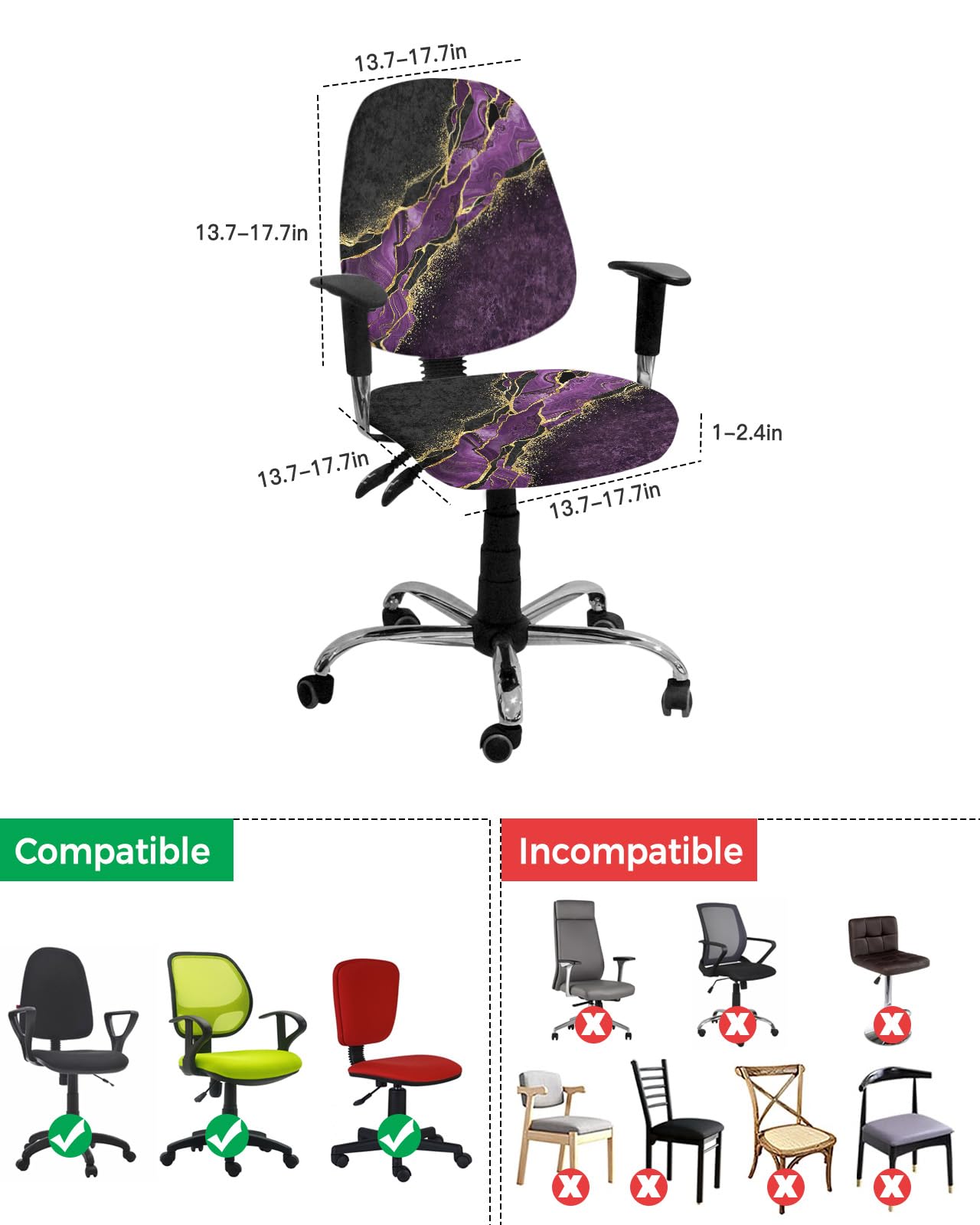 Marble Purple 2 Pieces Computer Office Chair Covers Set, Stretchable Desk Rotating Chair Seat Cushion Slipcover Back Covers, Decorative Protectors Cover Abstract Modern Minimalist Black Gold