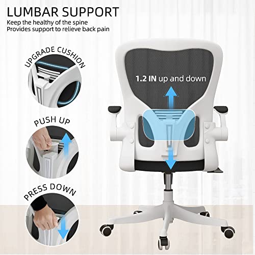 Monhey Office Chair - Ergonomic Office Chair with Lumbar Support & Flip Up Arms Home Office Desk Chairs Rockable High Back Swivel Computer Chair White Frame & Black Mesh Study Chair
