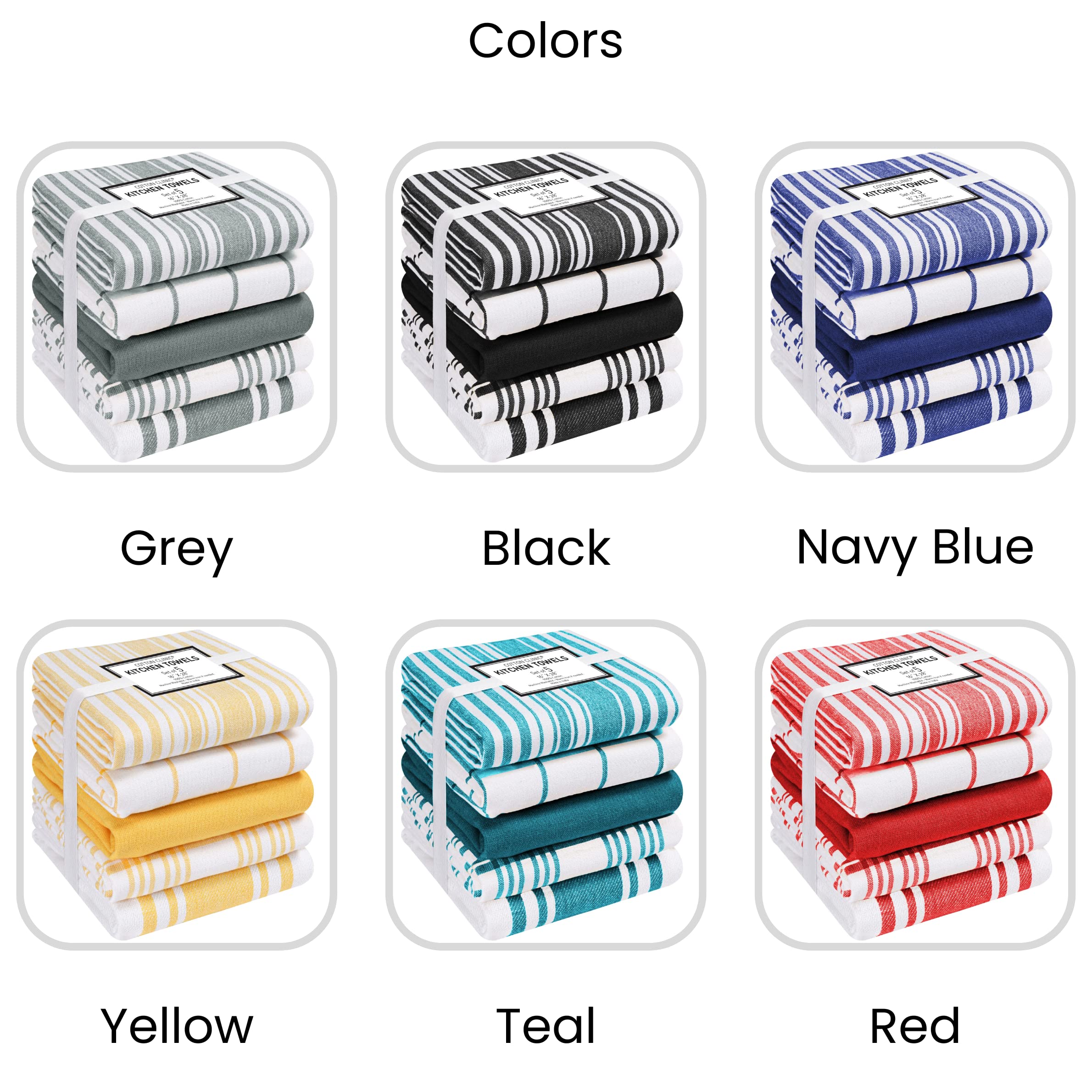 Cotton Clinic Assorted Kitchen Towels 5 Pack – Soft Absorbent Quick Drying Table & Kitchen Linen - Dish Towels, Dish Cloths, Tea Towel and Cleaning Towel with Hanging Loop – 16x28 / Yellow White