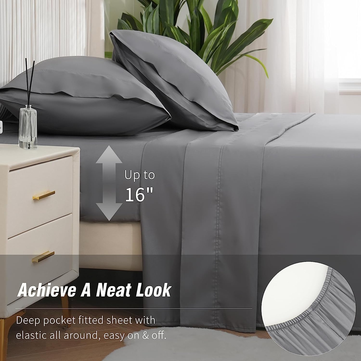 DOWNCOOL King Size Sheets Set - 100% Cotton Sheets, King Sheets Deep Pocket Up to 16", 400 Thread Count Sateen Bed Sheets King Size, Soft Breathable & Cooling Sheets, 4-Piece King Sheet Set, Grey