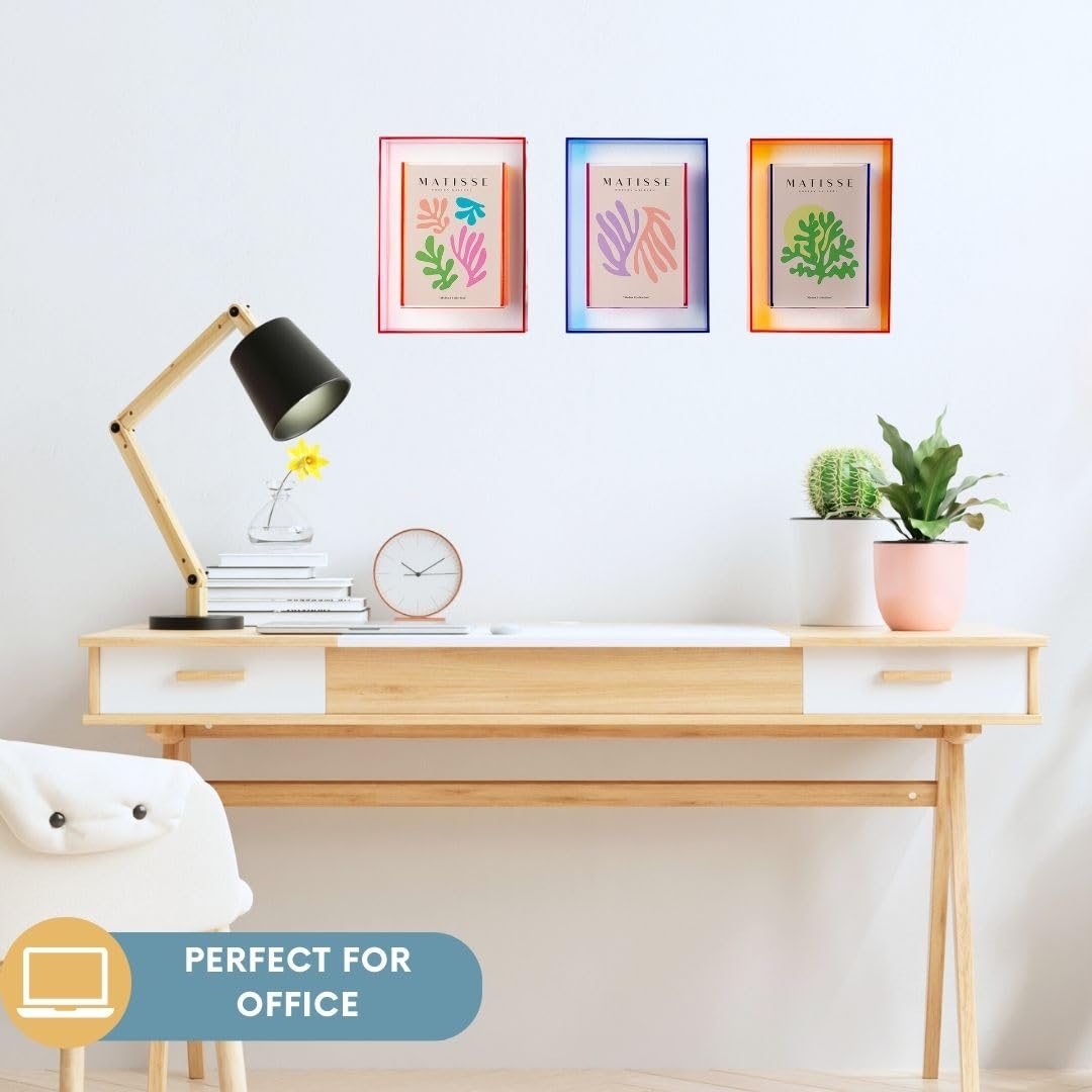 Una Haven Set of 3 Acrylic Floating Picture Frames, Color Block Unique Acrylic Decor (4x6 inch) Eclectic Cute Neon Photo Frame Set with Matisse Wall Art Included