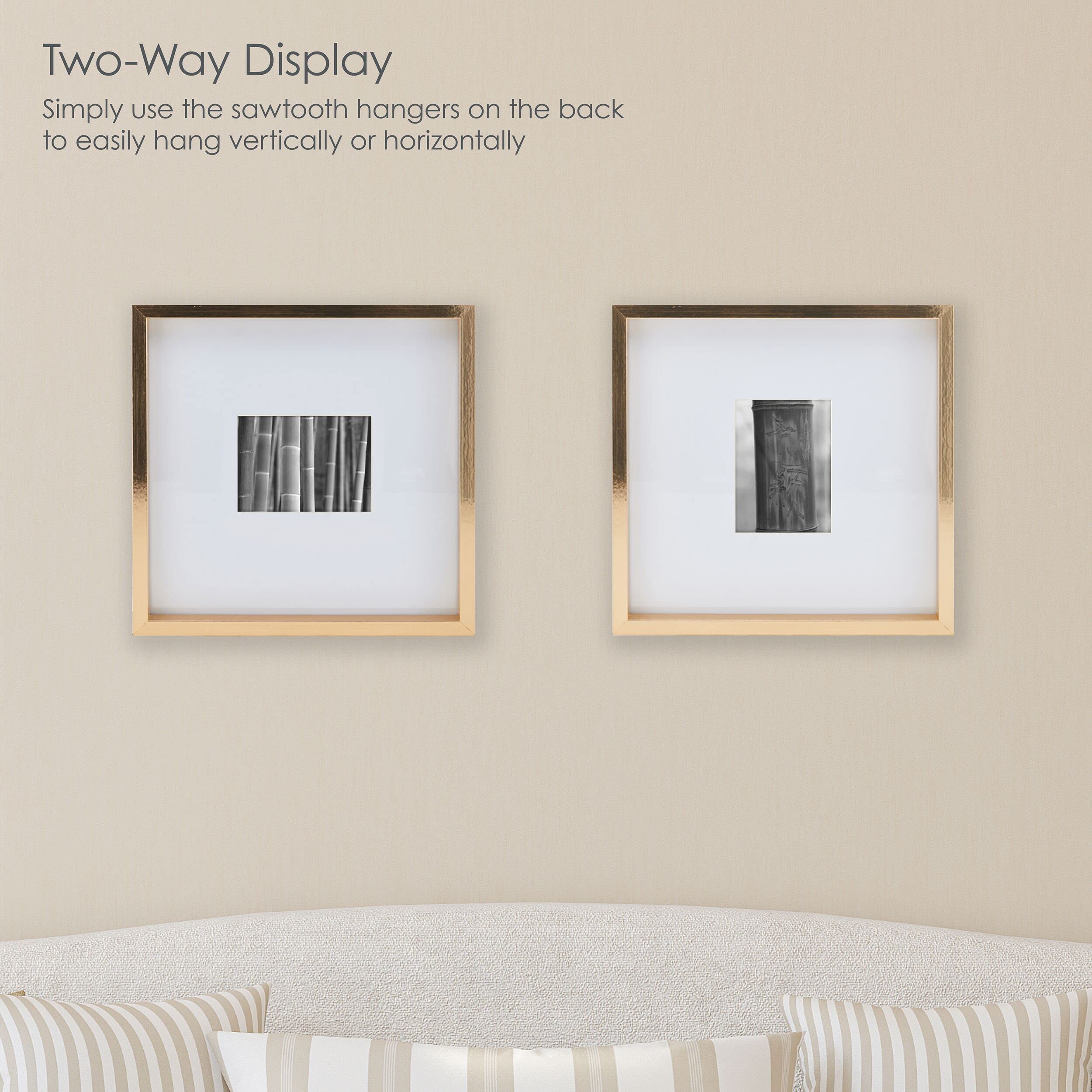Mikasa 16x16 in. Gallery Frame for 15x15 in. Photo with 2 mm Beveled Mat, Vertical or Horizontal Display, Gold