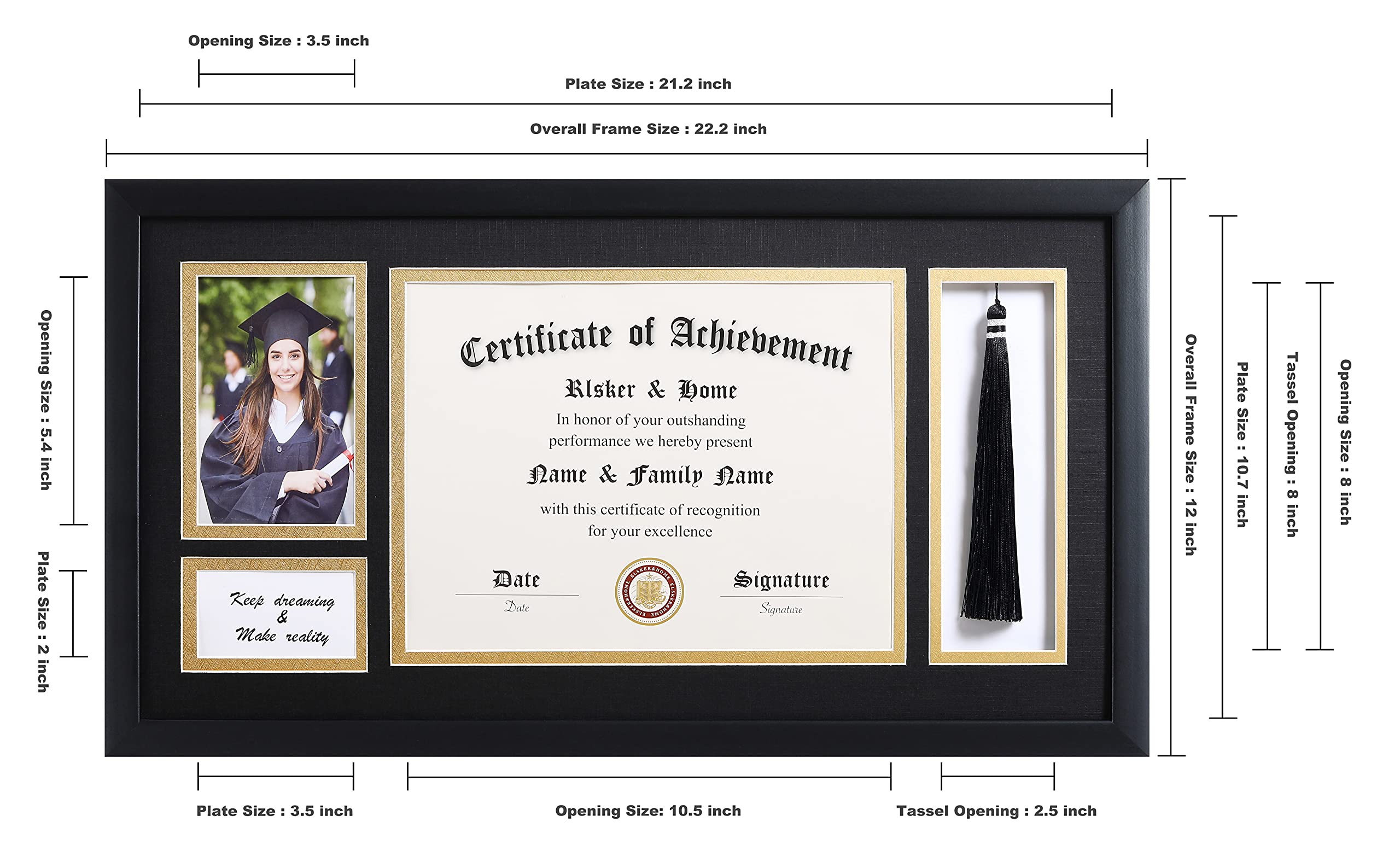 ELSKER&HOME 11x22 Diploma Frames with Tassel Holder for 8.5x11 Certificate Document Shadow Box, 4x6 Graduation Photo, Matte Black Frame, Degree Double Mat, Black with Gold Rim
