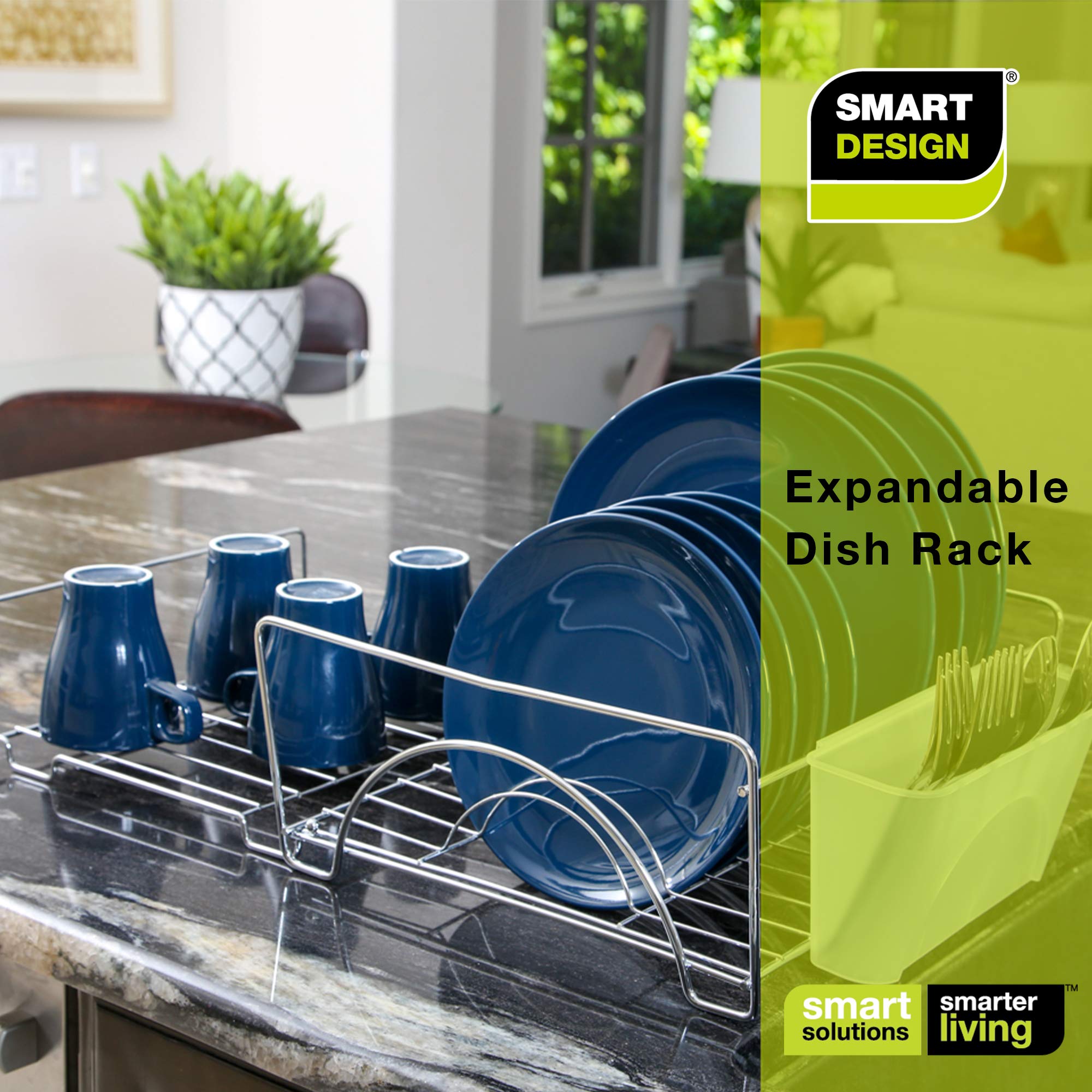 Smart Design Expandable Dish Drainer Drying Rack with Cutlery Cup - Steel Metal Wire - Fits in Standard Sinks - Dishes, Cups, Silverware Organization - Kitchen - 13.5 x 20.63 Inch Chrome
