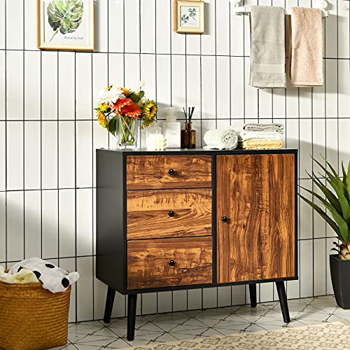 Tangkula Retro Storage Cabinet, Wood Floor Cabinet with 3 Drawers and 1 Cabinet w/Adjustable Shelf, Accent Cabinet for Living Room Entryway Home Office, Rustic Brown (Retro)