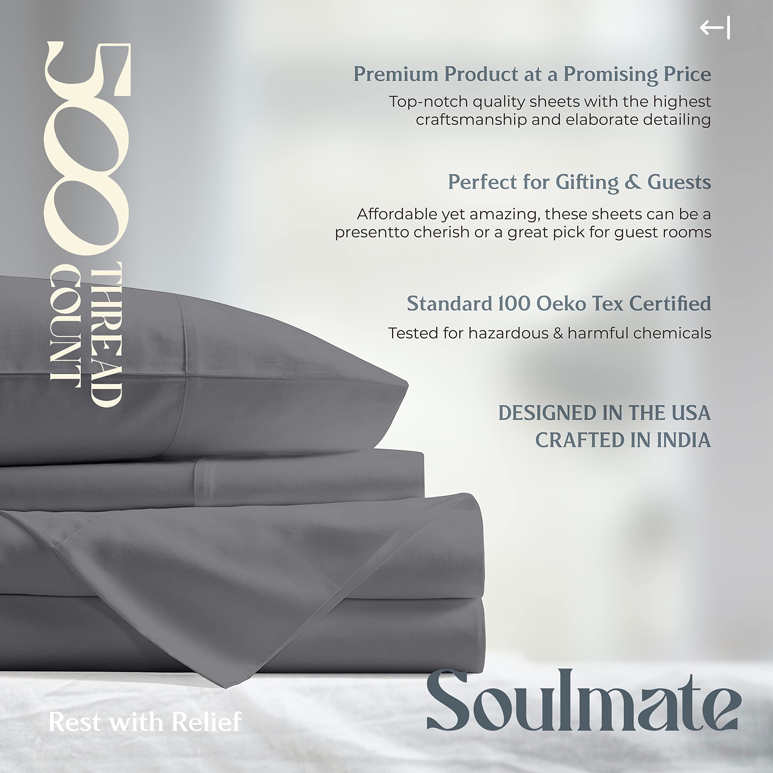 Mayfair Linen 100% Cotton Bed Sheets Queen Sheet Set - 500 Thread Count Sheets Queen Size 4 PC Set (Dark Grey), Soft, Cooling, Hotel-Quality 16" Deep Pocket Sateen Cotton Bedsheet for Hot Sleepers