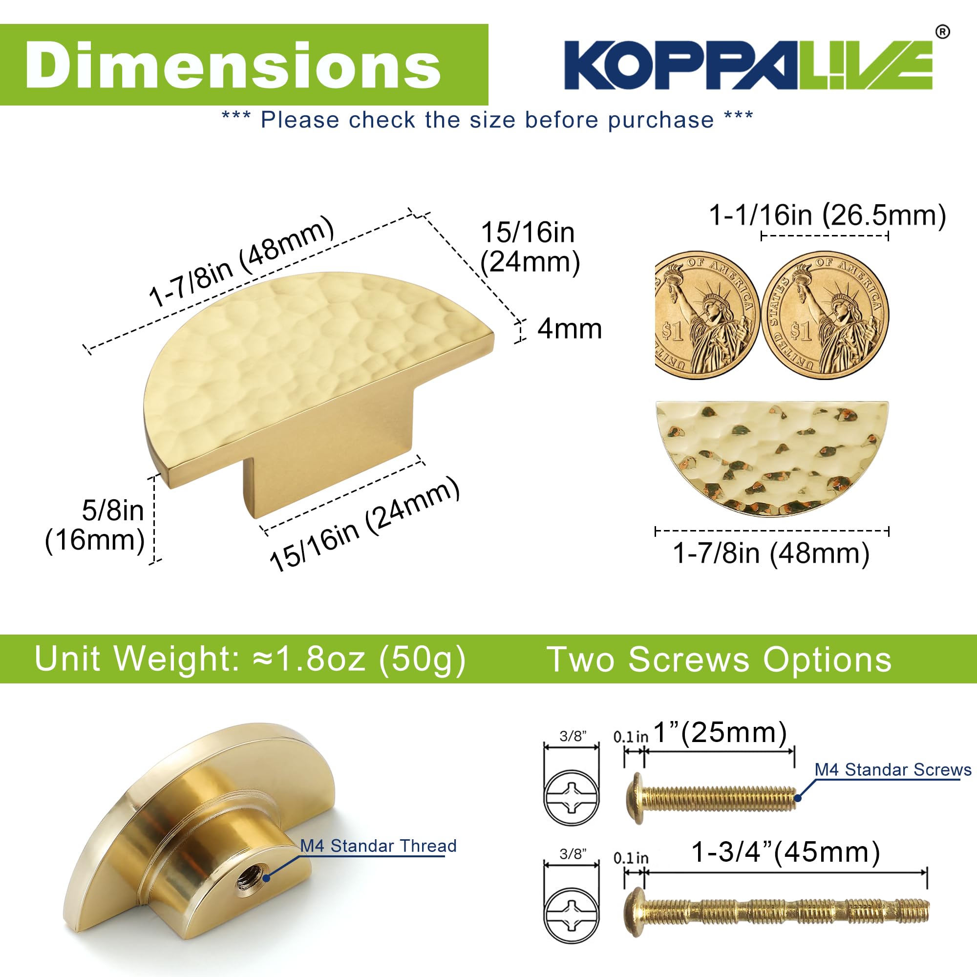 KOPPALIVE 5-Pack Solid Brass Cabinet Knobs, Semicircle Gold Drawer Knobs, Hammered Dresser Drawer Pulls Handles, Modern Furniture Hardware for Kitchen, Length 1-7/8 Inch