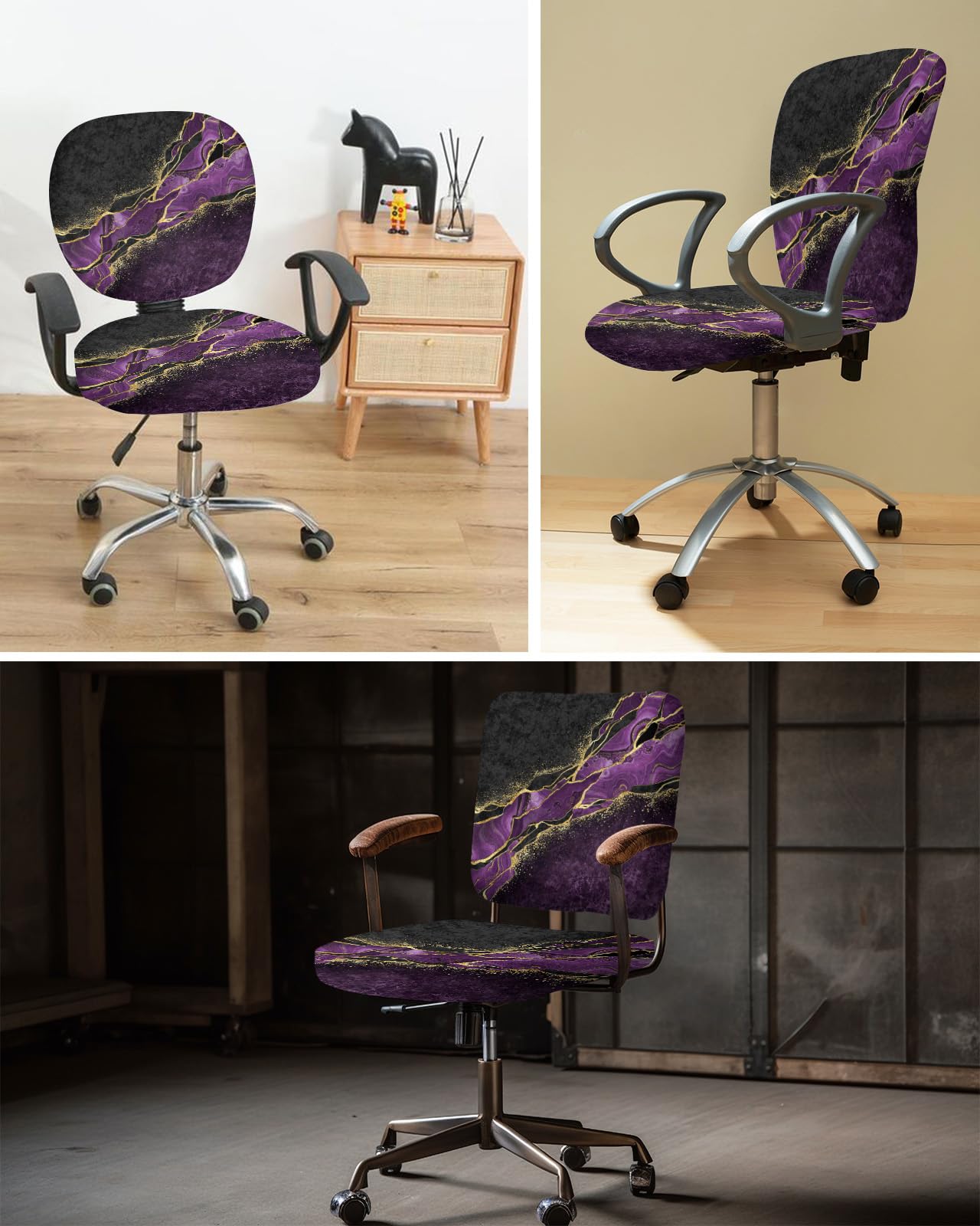 Marble Purple 2 Pieces Computer Office Chair Covers Set, Stretchable Desk Rotating Chair Seat Cushion Slipcover Back Covers, Decorative Protectors Cover Abstract Modern Minimalist Black Gold