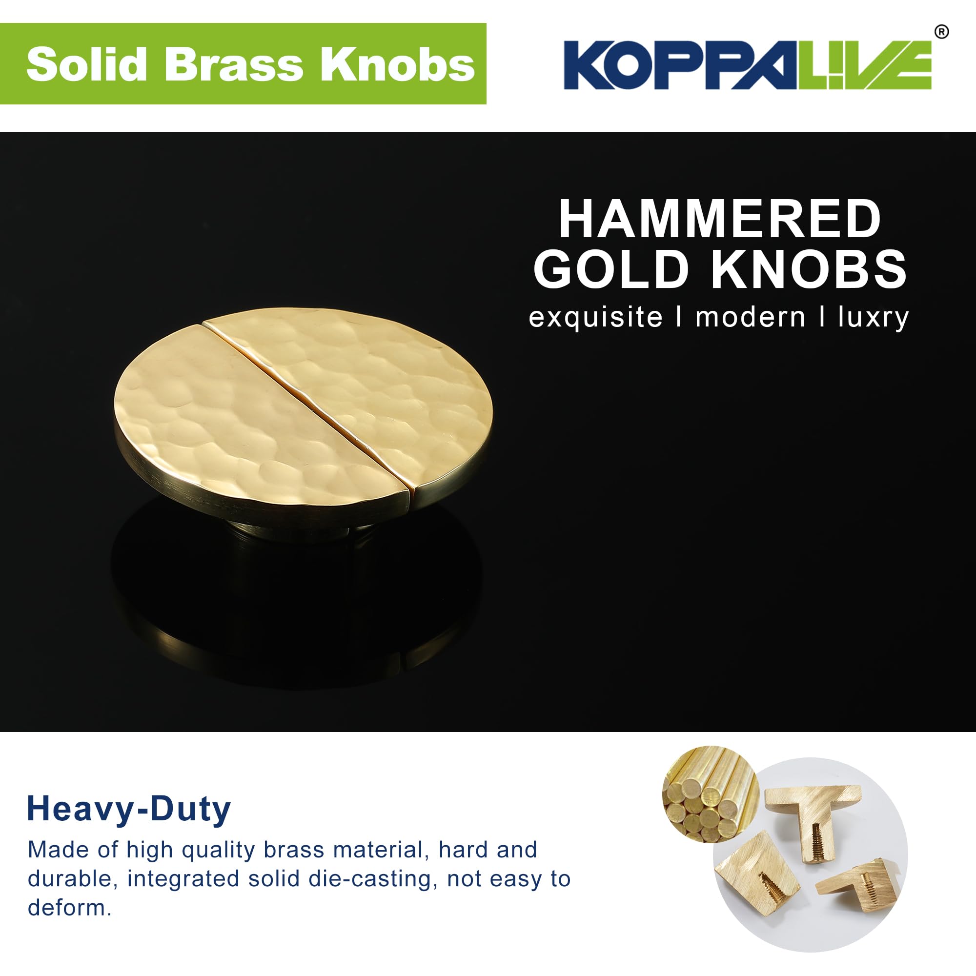 KOPPALIVE 5-Pack Solid Brass Cabinet Knobs, Semicircle Gold Drawer Knobs, Hammered Dresser Drawer Pulls Handles, Modern Furniture Hardware for Kitchen, Length 1-7/8 Inch