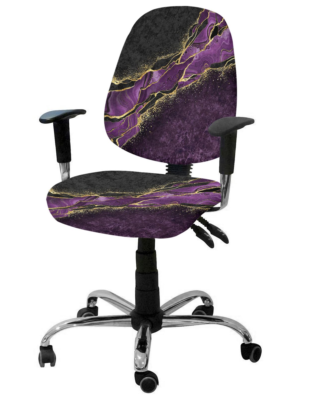 Marble Purple 2 Pieces Computer Office Chair Covers Set, Stretchable Desk Rotating Chair Seat Cushion Slipcover Back Covers, Decorative Protectors Cover Abstract Modern Minimalist Black Gold
