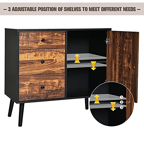 Tangkula Retro Storage Cabinet, Wood Floor Cabinet with 3 Drawers and 1 Cabinet w/Adjustable Shelf, Accent Cabinet for Living Room Entryway Home Office, Rustic Brown (Retro)