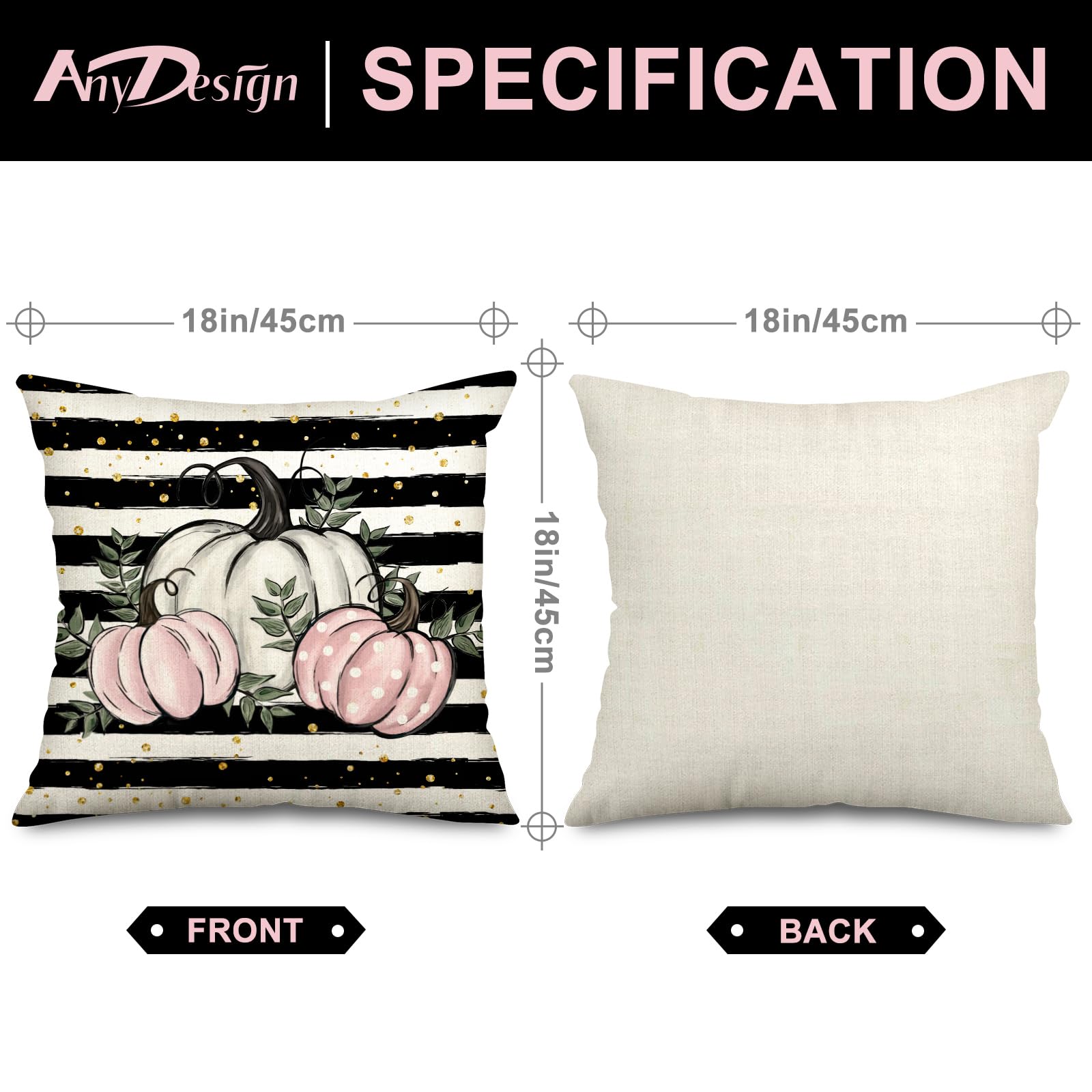 AnyDesign Fall Pillow Covers Gold Foil Pumpkin Throw Pillow Case Black Pink Autumn Decorative Cushion Cover for Harvest Farmhouse Thanksgiving Home Office Room Couch Sofa Decor, 18 x 18 Inch, 4Pcs
