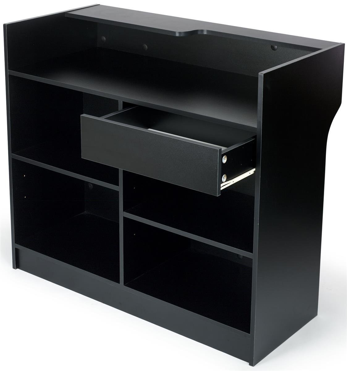 Free-Standing Black Melamine Register Stand, with Adjustable Shelves, Pull-Out Drawer, and Check Writing Area - Available Maple and Black. Available in 48" of 72" (48" Wide, Black)