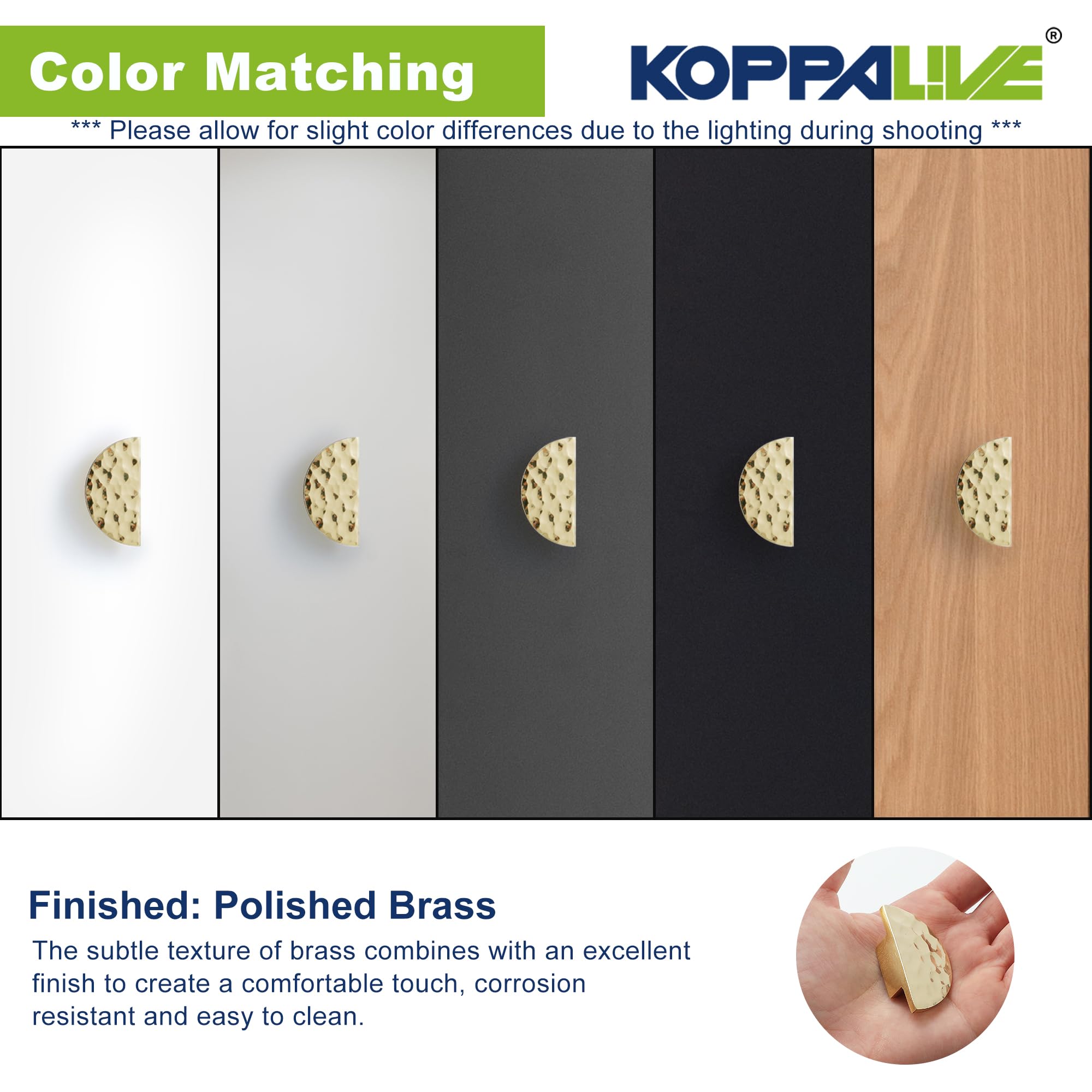 KOPPALIVE 5-Pack Solid Brass Cabinet Knobs, Semicircle Gold Drawer Knobs, Hammered Dresser Drawer Pulls Handles, Modern Furniture Hardware for Kitchen, Length 1-7/8 Inch