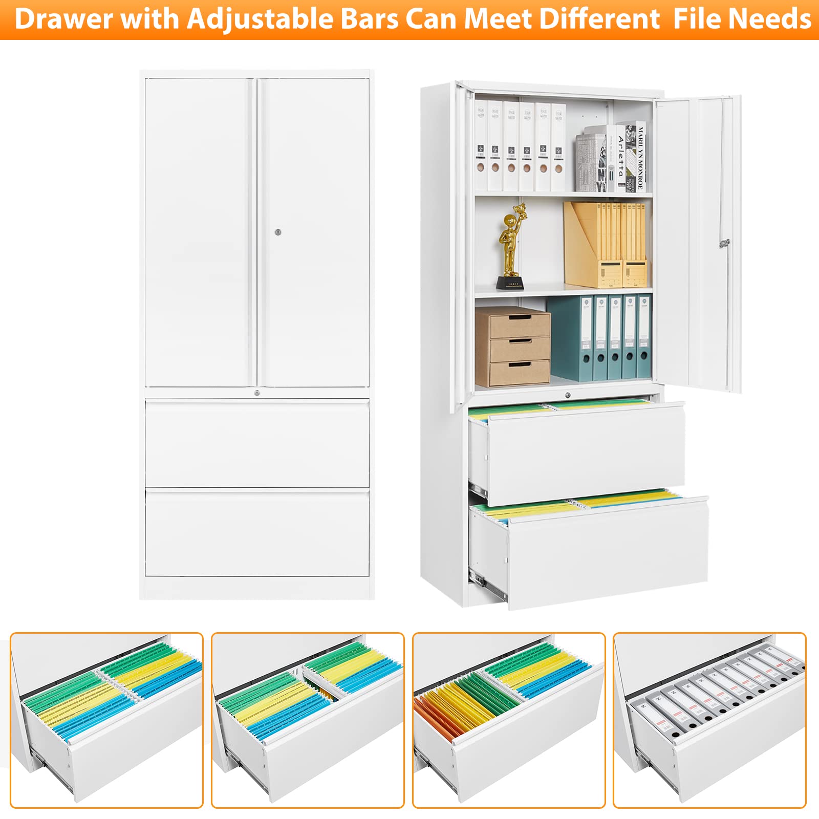 LISSIMO File Cabinet with Lock,Metal Filing Cabinets with Adjustable Shelves and 2 Drawers for Home Office,School Locker Office Storage Cabinet for Letter/Legal/A4 Size Files(White)