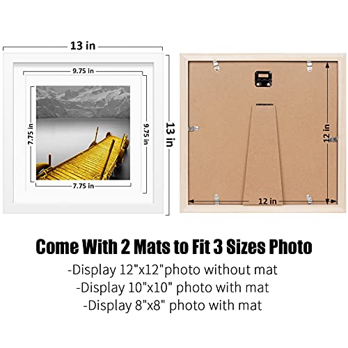 12x12 Picture Frames White Solid Wood Display Pictures 10x10 or 8x8 with Mat or 12x12 without Mat - 12x12 Inch Square Photo Frames with 2 Mats for Wall or Tabletop Mount, 1 Pack