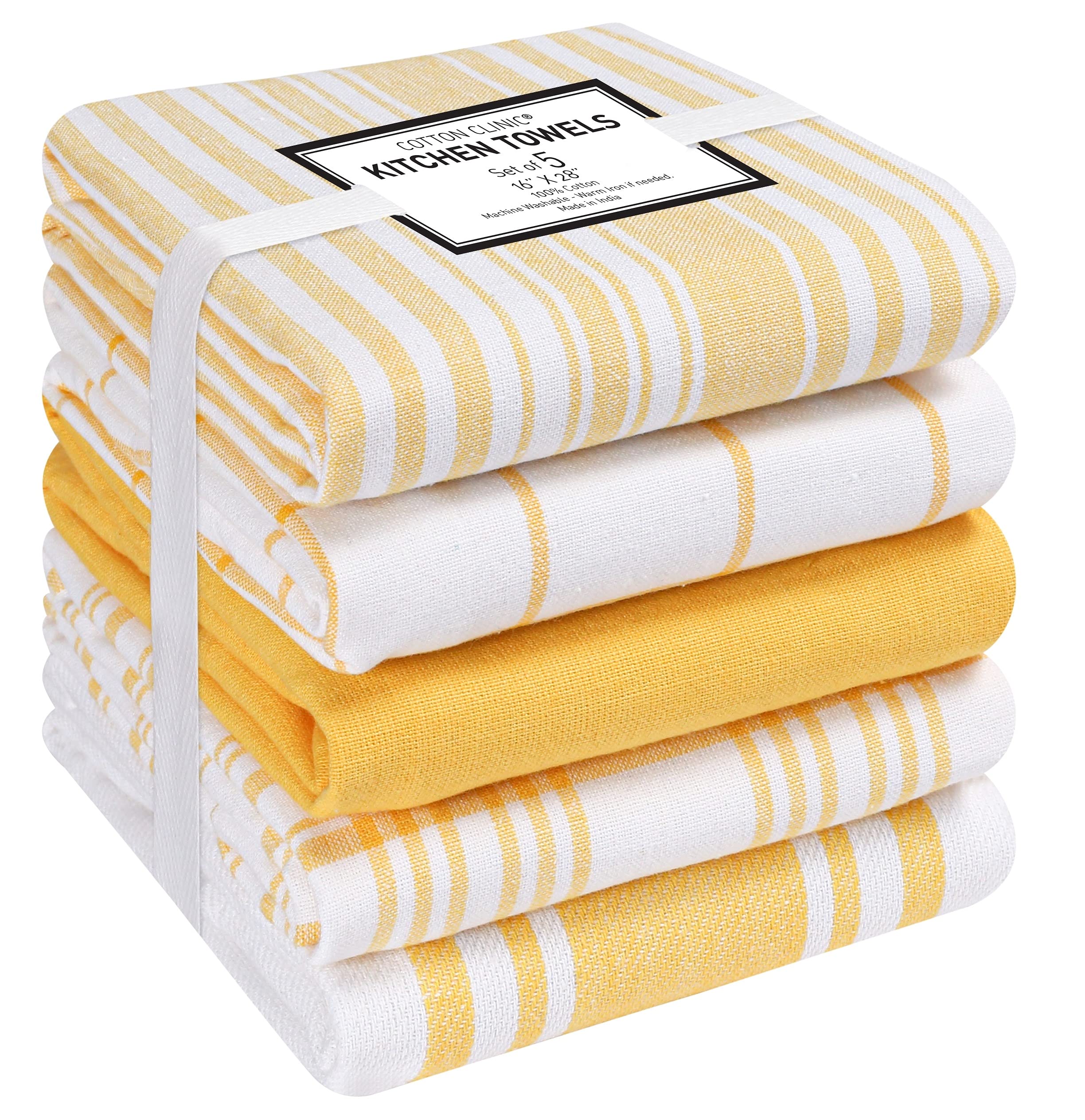 Cotton Clinic Assorted Kitchen Towels 5 Pack – Soft Absorbent Quick Drying Table & Kitchen Linen - Dish Towels, Dish Cloths, Tea Towel and Cleaning Towel with Hanging Loop – 16x28 / Yellow White